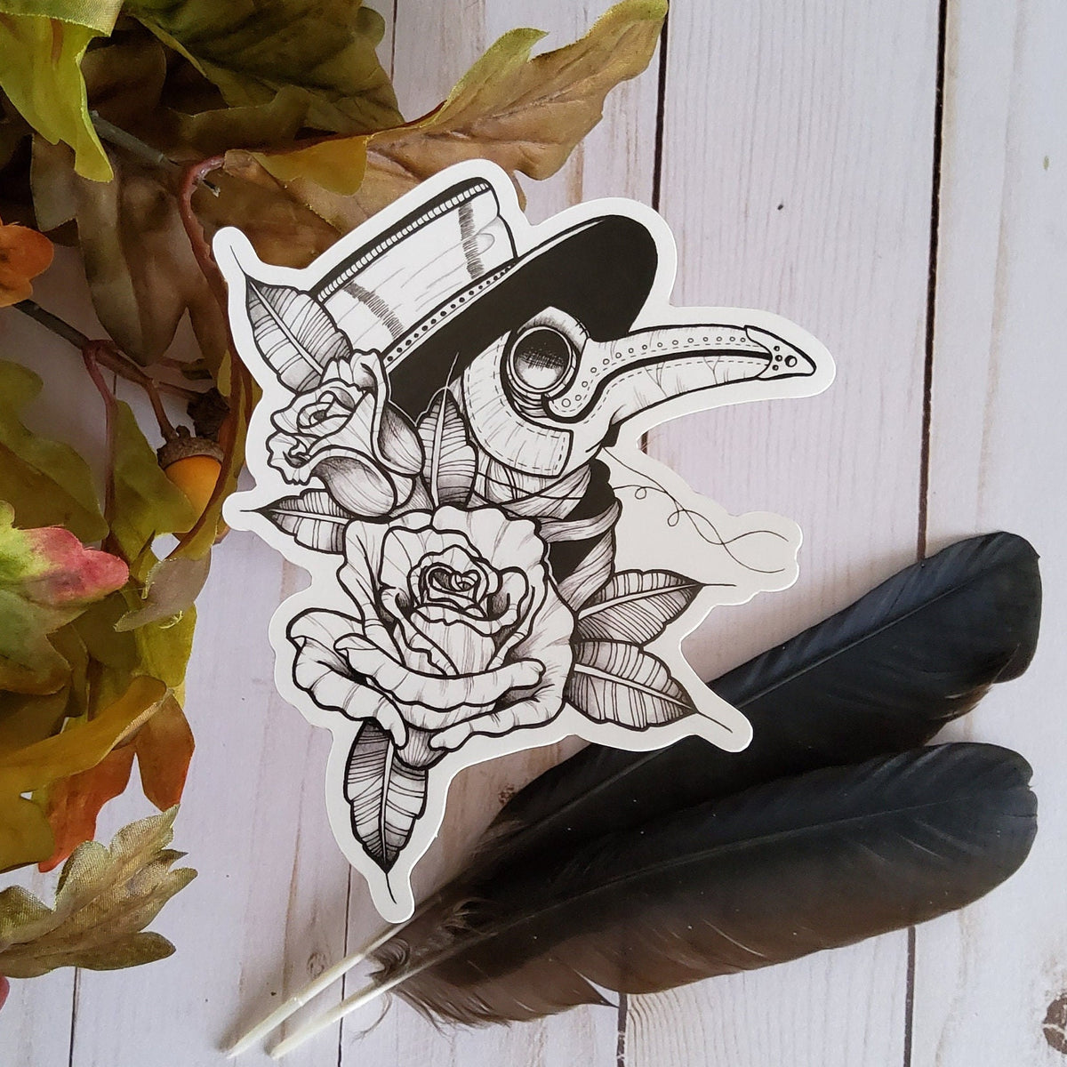 Plague Doctor and Roses - Glossy Sticker - Acornandcrowstudio